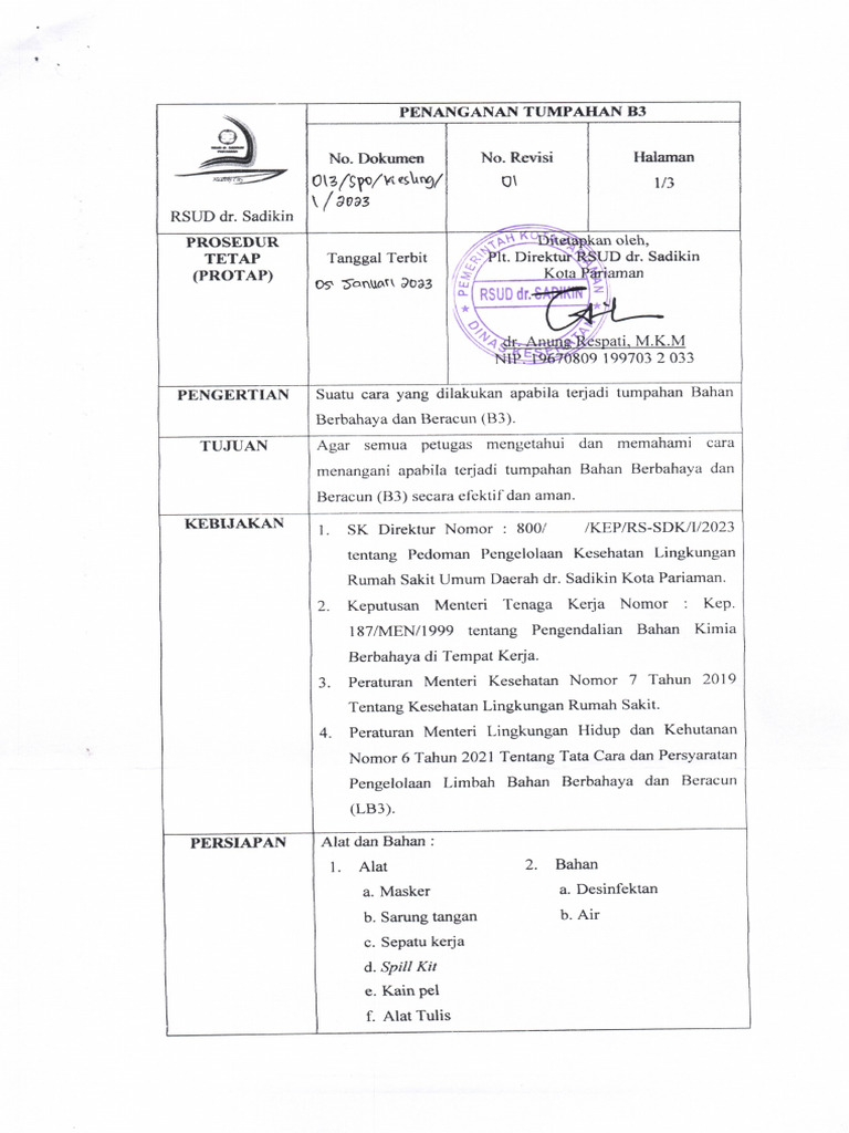 Sop Penanganan Tumpahan B3 | PDF