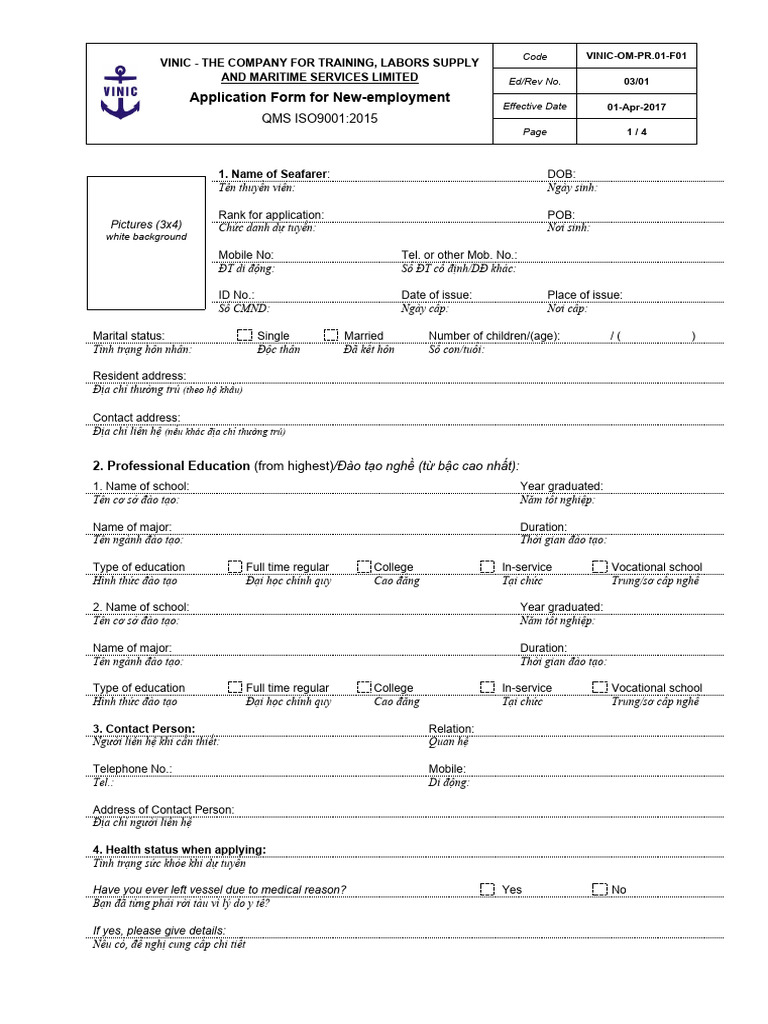 VINIC-OM-PR.01-F.01 Application Form For New Employment | PDF