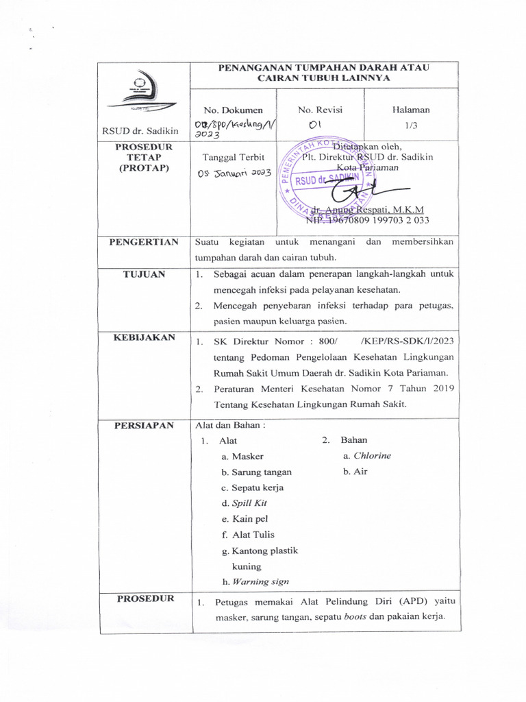 Sop Penanganan Tumpahan Darah Atau Cairan Tubuh Lainnya | PDF