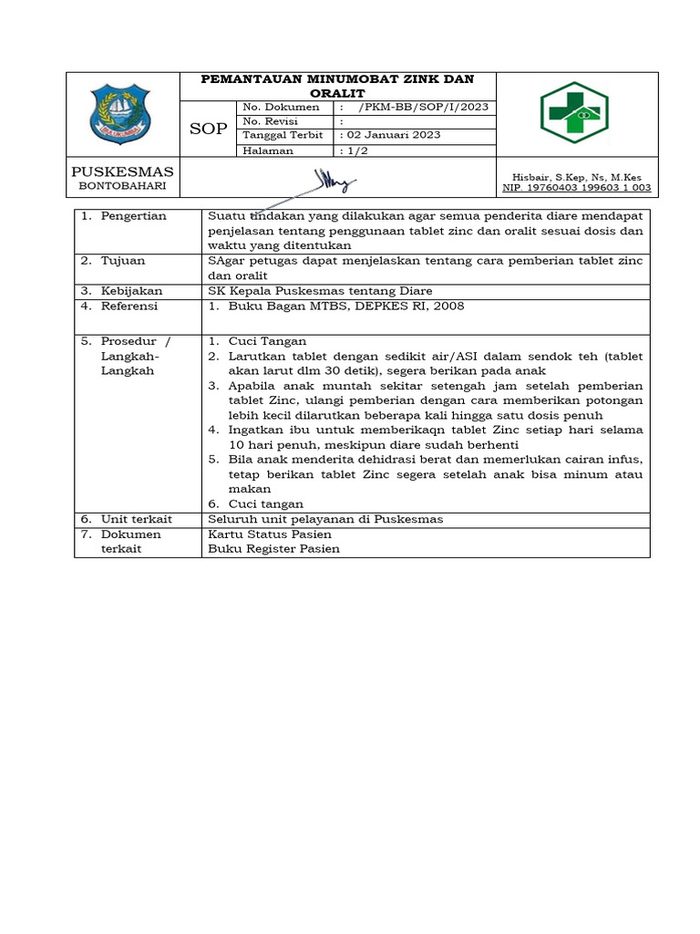 SOP Pemantauan Oralit dan Zinc | PDF