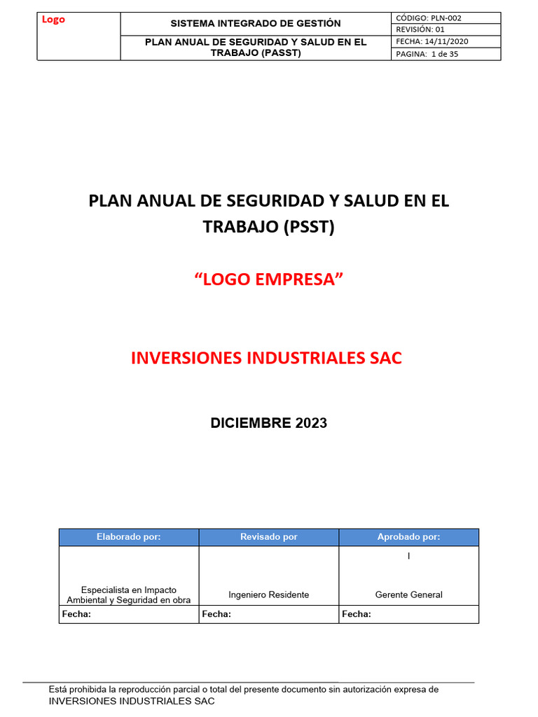 Plantilla - Plan Anual de SST | PDF