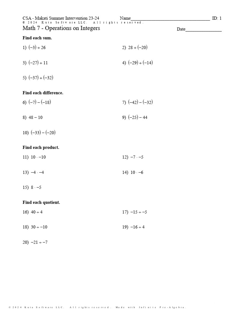 Math 7 Summer Interventions - Operations On Integers | PDF | Arithmetic | Number Theory
