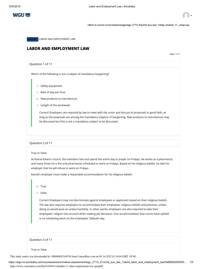 Module 11 Labor Employment Law Quiz PDF | PDF | Trade Union | Employment