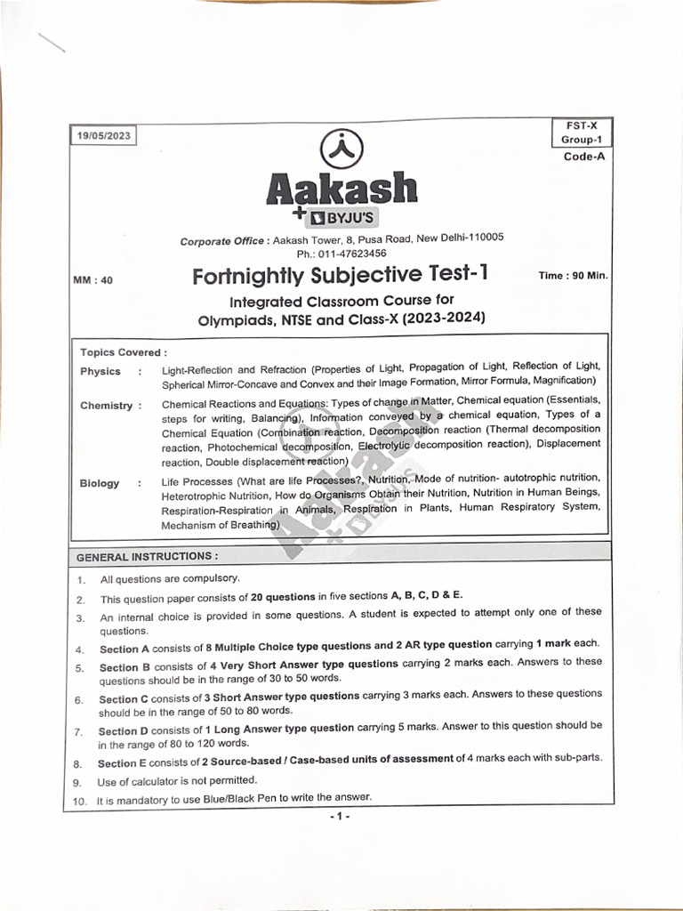 10th Cbse FST 1 | PDF