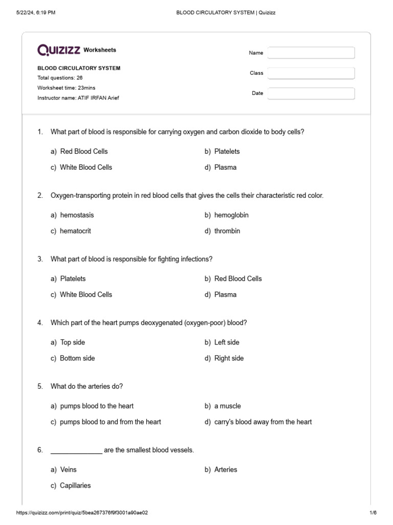 BLOOD CIRCULATORY SYSTEM - Quizizz | PDF | Heart | Blood