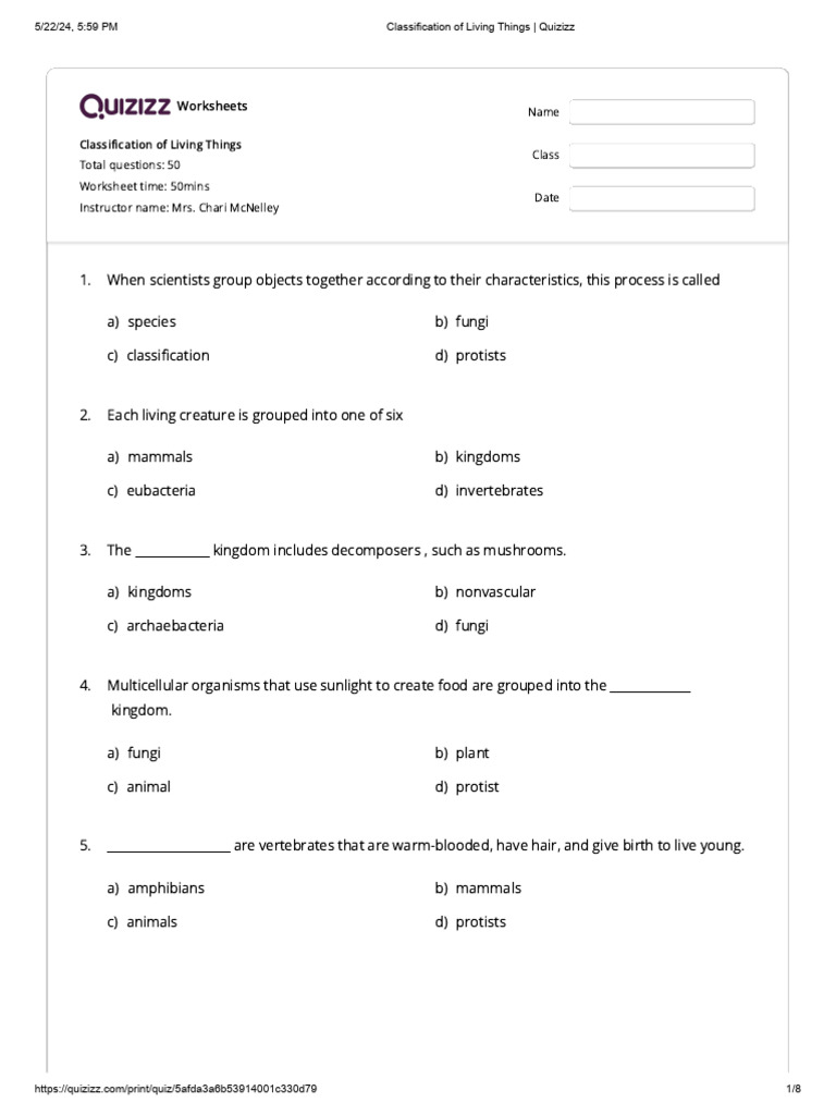 Classification of Living Things - Quizizz | PDF | Homo | Taxonomy (Biology)