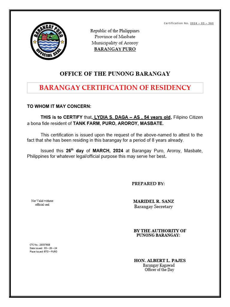 Barangay Certification of Residency | PDF