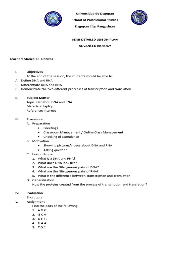 Dna and Rna Lesson Plan | PDF