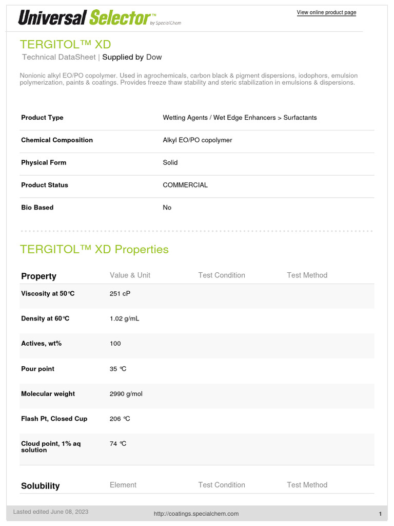 TERGITOL™ XD - Dow | PDF | Science & Mathematics