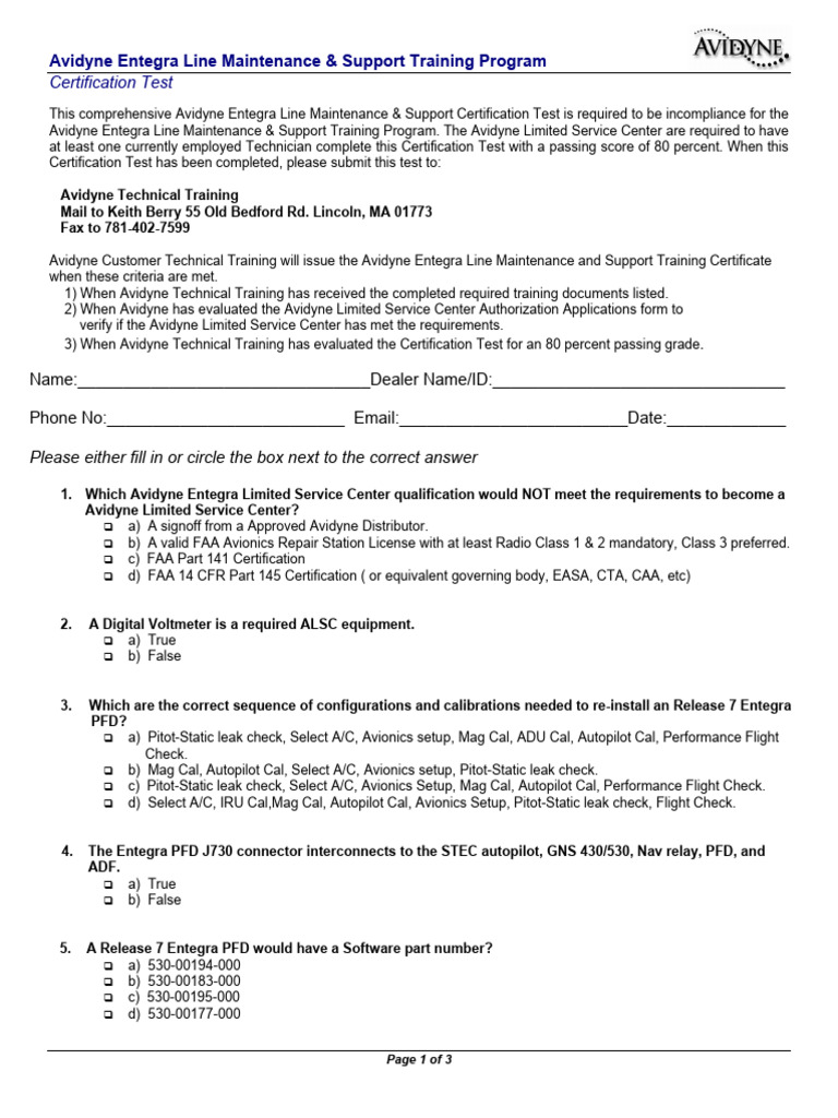 Avidyne Entegra Line Maintenance and Support Training Certification ...