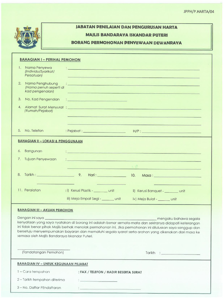 Borang Permohonan Sewa Dewan 0-1 | PDF
