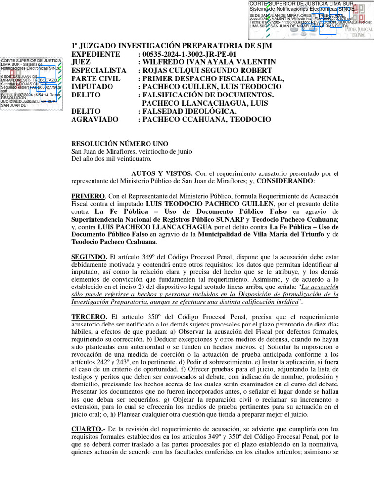 Res Nro Uno Exp. 535-2024-1 | PDF | Ley procesal | Fiscal