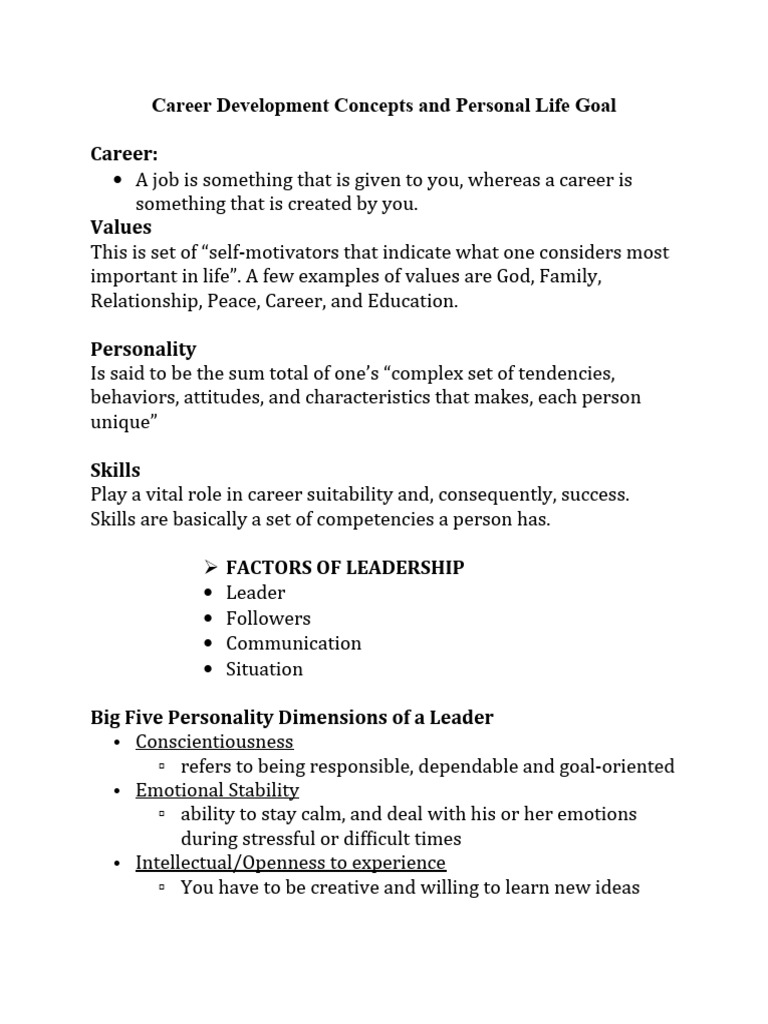 Career Development Concepts and Personal Life Goal | PDF | Leadership ...