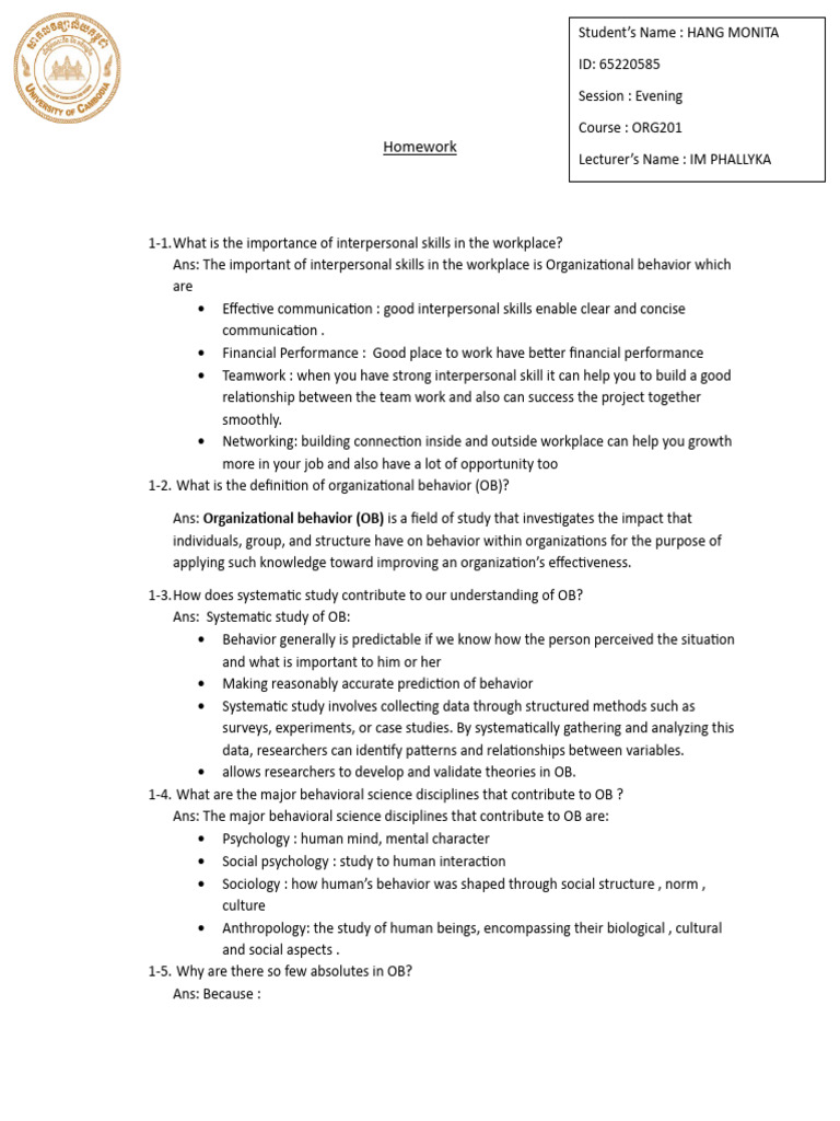 Homework | PDF | Organizational Behavior | Behavioural Sciences