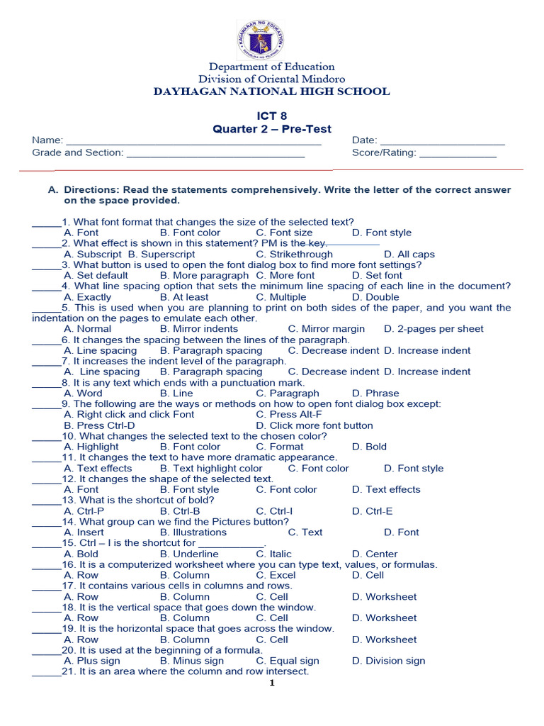 ICT_8_Q2_Pre-Test | Download Free PDF | Paragraph | Notation