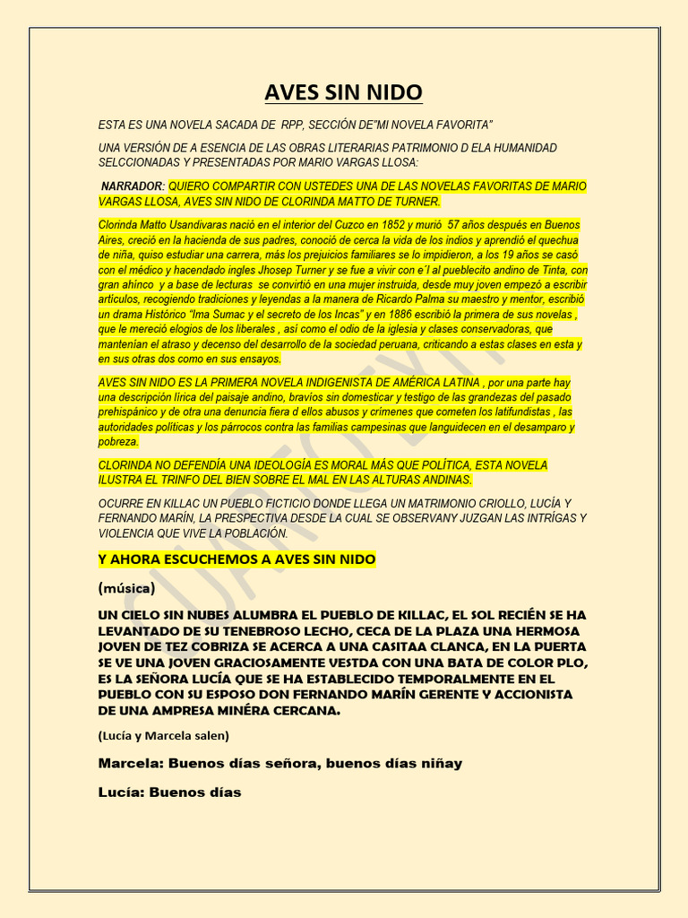 Guión de Aves Sin Nido | PDF