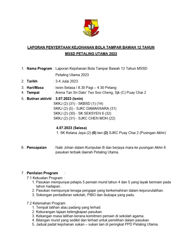 LAPORAN BOLA TAMPAR 2023 U12 | PDF