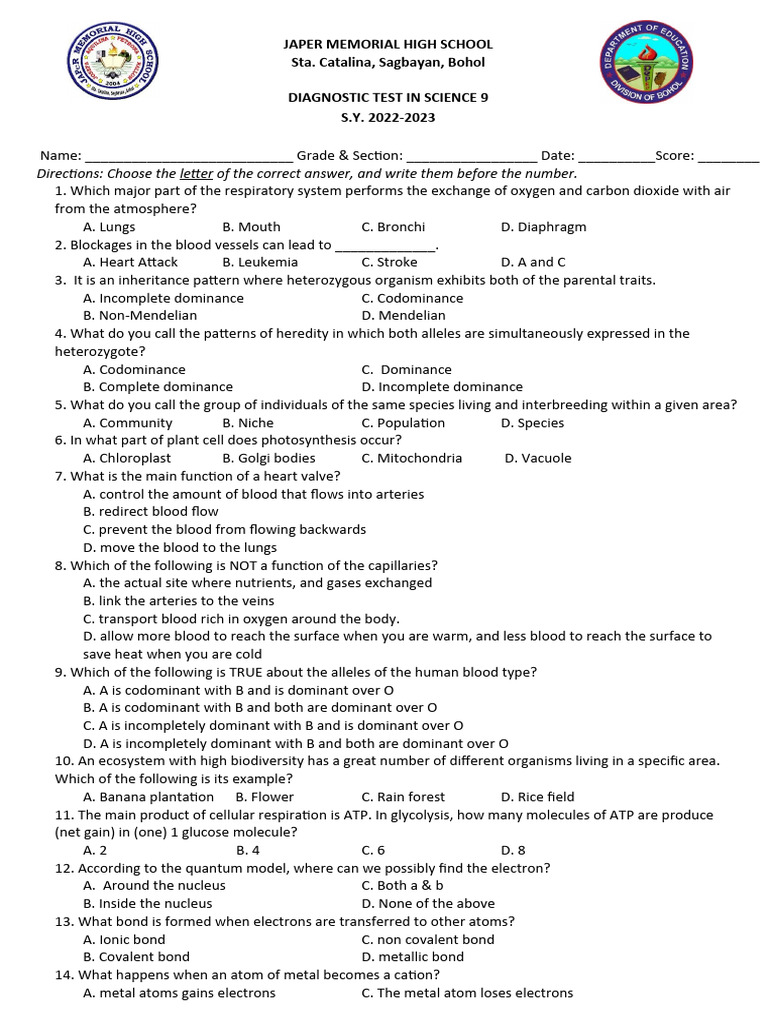Science 9 Diagnostic Test 2022-2023 | PDF | Atoms | Greenhouse Effect