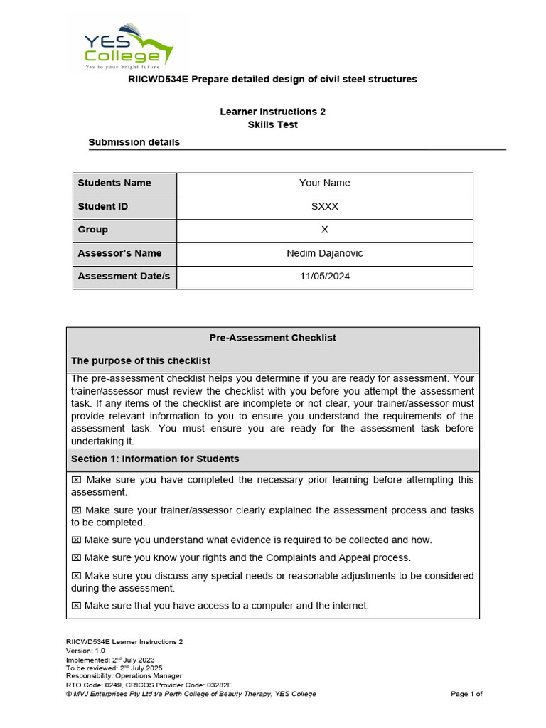 RIICWD534EÂ Assessment 2 Learner SXXXX template civil design | Download Free PDF | Specification ...