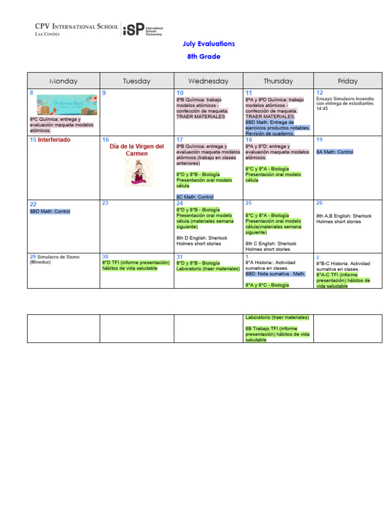 8th Grade Evaluation Calendar July 2024 | PDF
