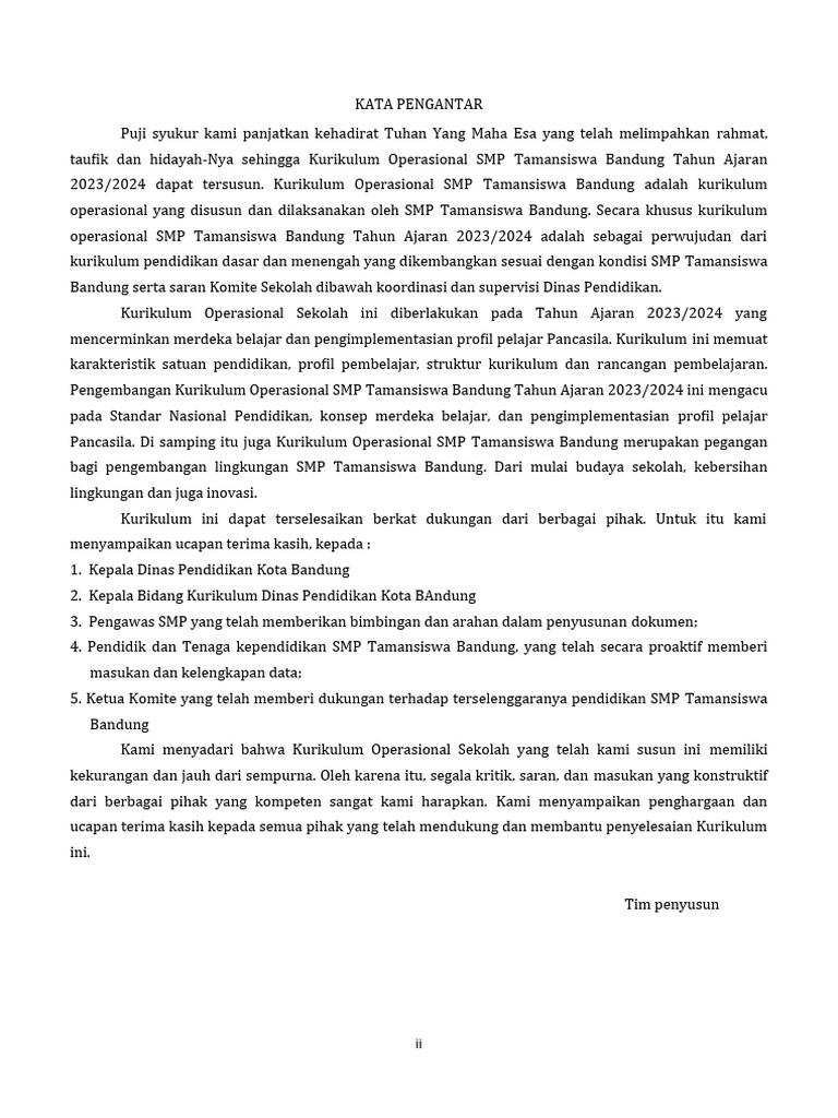 Kata Pengantar Dan Daftar Isi KOSP Tamsis - 23.24 | PDF