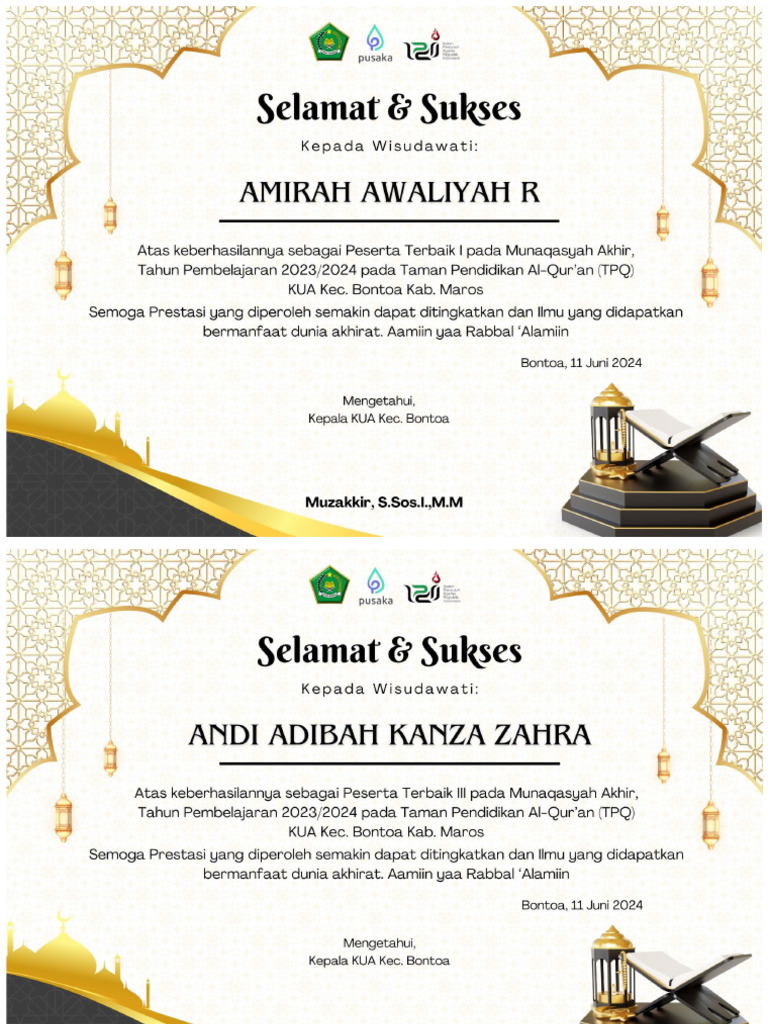 Piagam Santri Terbaik | PDF