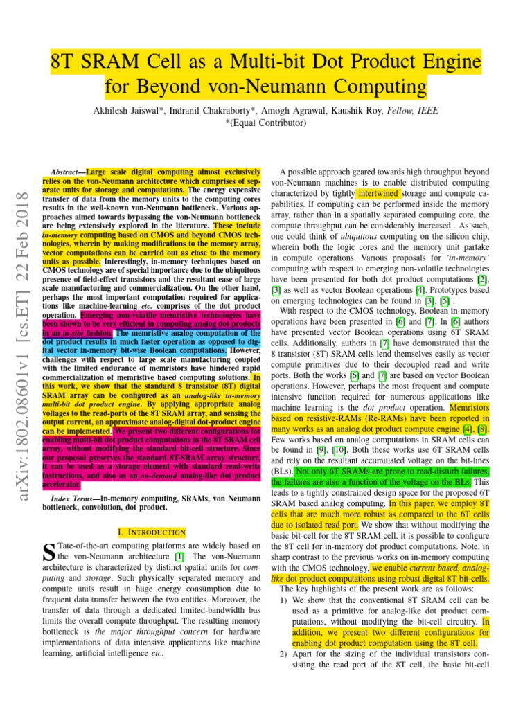 11 8T SRAM Cell As A Multi-Bit Dot Product Engine For Beyond Von-Neumann Computing | PDF ...