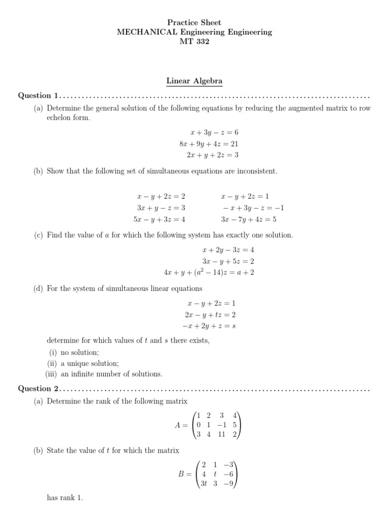 Linear Algebra Practice Sheet | PDF | System Of Linear Equations | Numerical Analysis