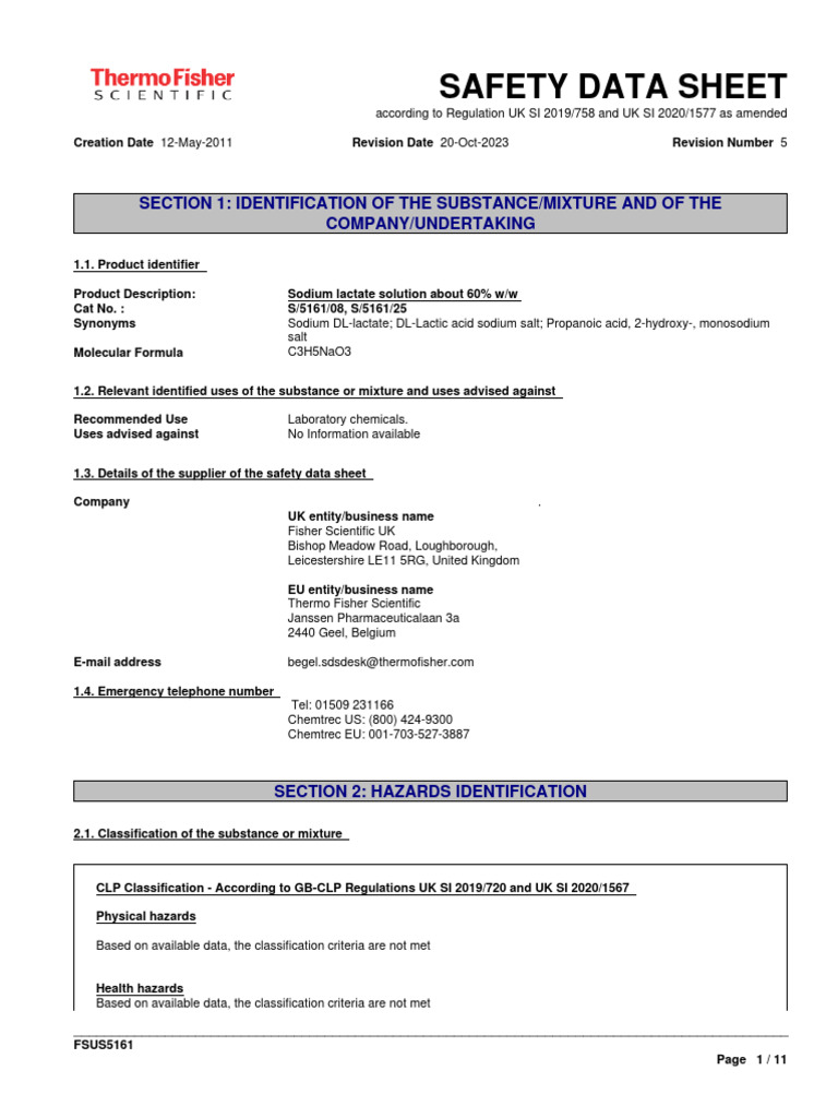 Sodium Lactate Safety Data Sheet | PDF | Waste | Personal Protective ...