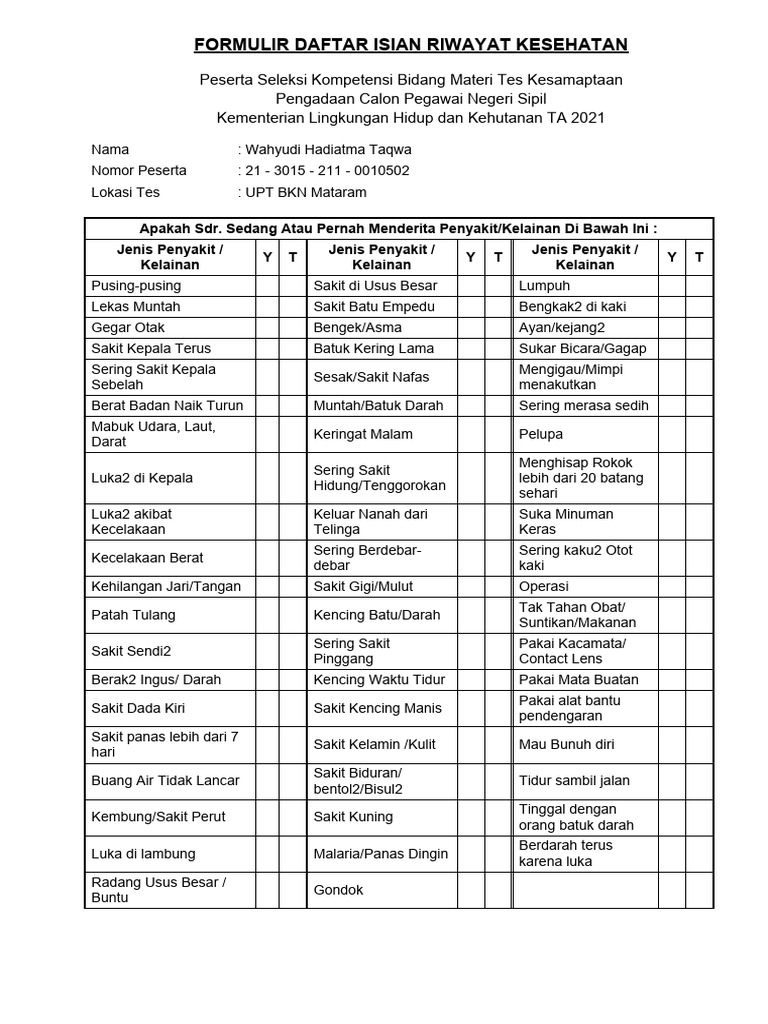 Lampiran 2 Formulir Daftar Isian Riwayat Kesehatan | PDF