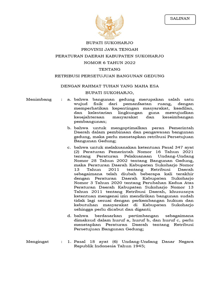 Perda SKH - 6 Tahun 2022 Retribusi PBG | PDF