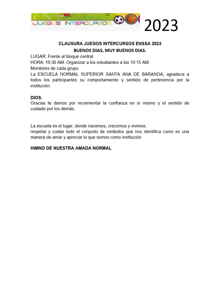 Programa de Inauguracion Juegos Intercursos Enssa 2023 | PDF | Deportes ...