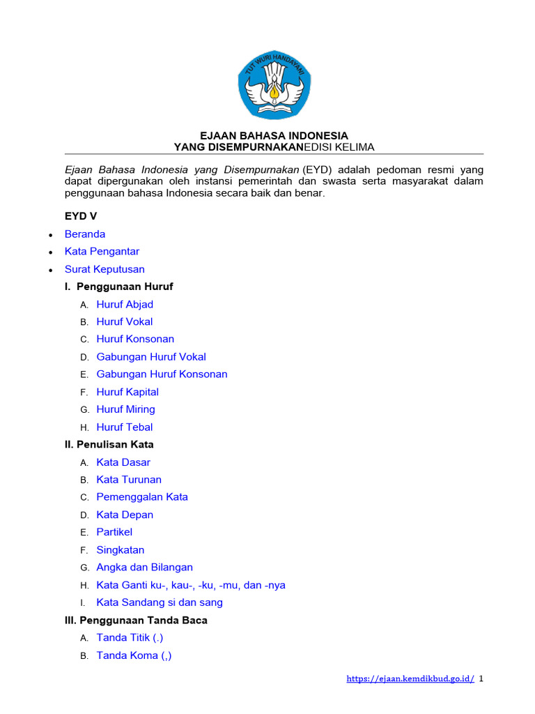 Ejaan Bahasa Indonesia Yang Disempurnakan Edisi Kelima 2024 | PDF