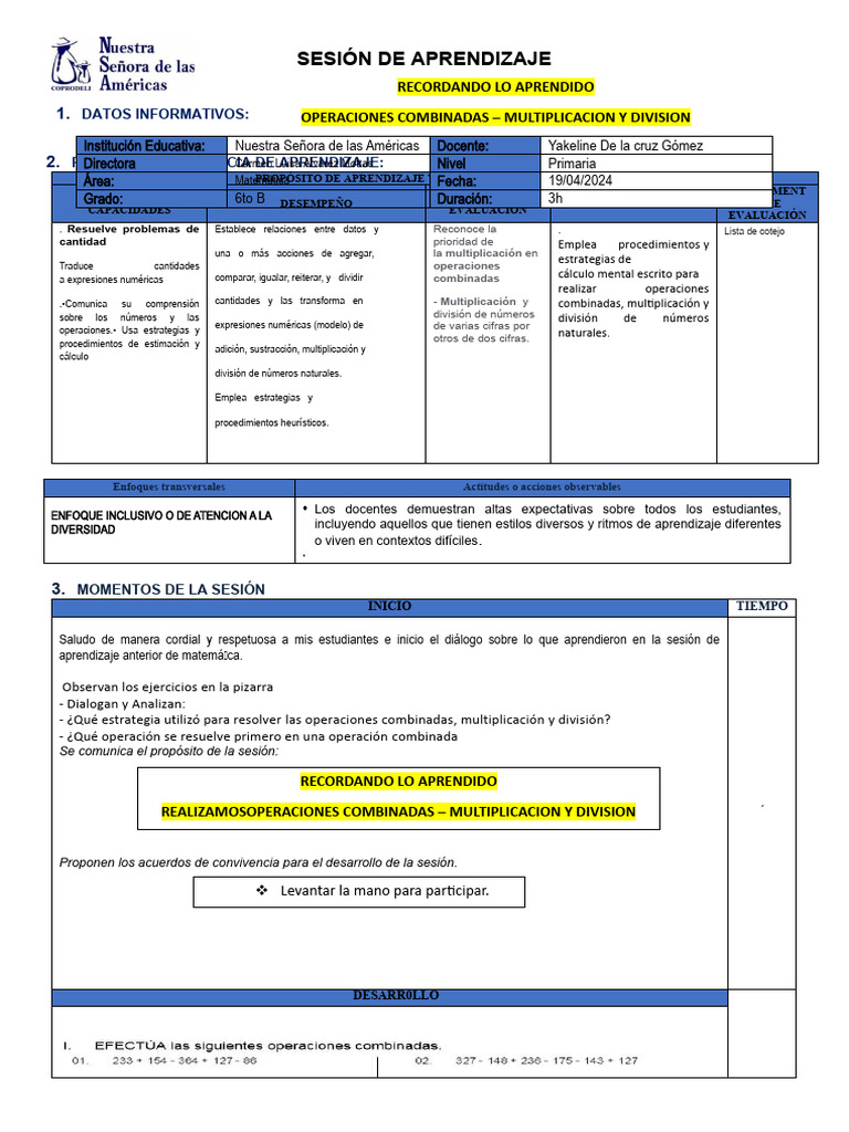 Sesión Recordamos Lo Aprendido de Operaciones Combinadas, Multip. y Divis. 19-04-24 | PDF ...