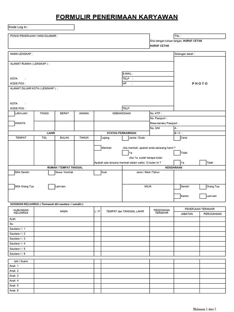 2 - Form Penerimaan Karyawan (5 LBR) | PDF