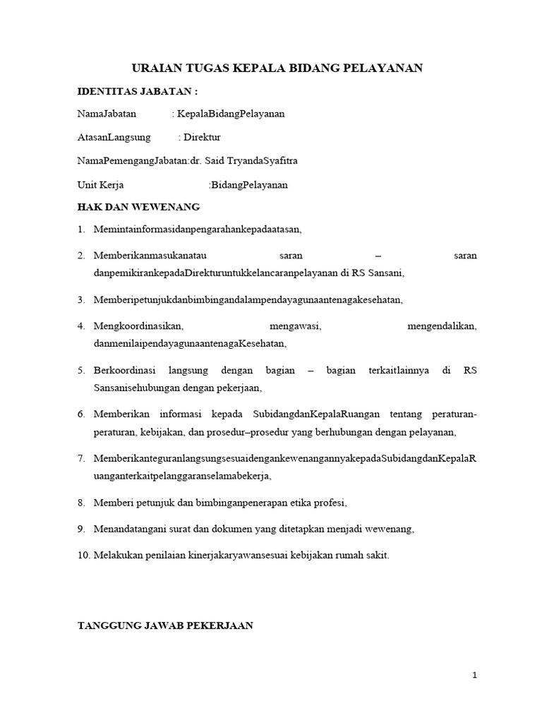 Uraian Tugas Bidang Pelayanan | PDF
