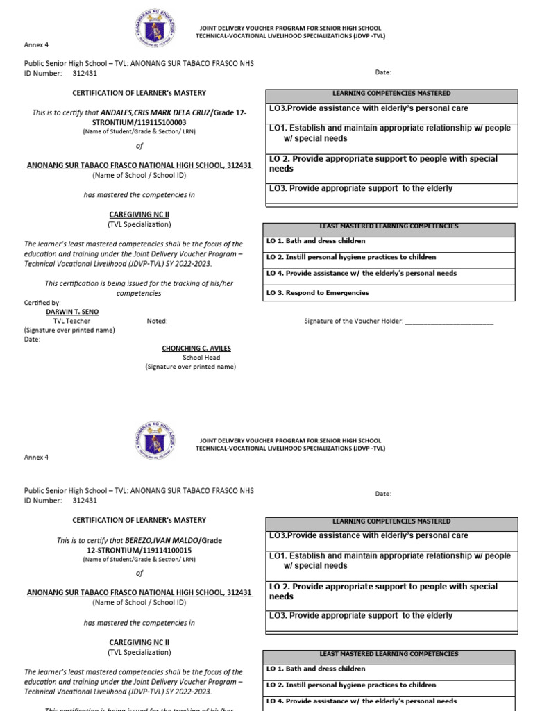 Annex 4 JDVP Certificate of Learners Mastery SY 2021 2022 | PDF ...