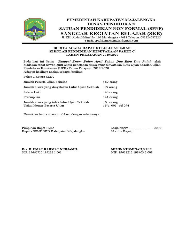 Berita Acara Dan SK Kelulusan Paket A Paket B Dan Paket C 2019 PKBM | PDF