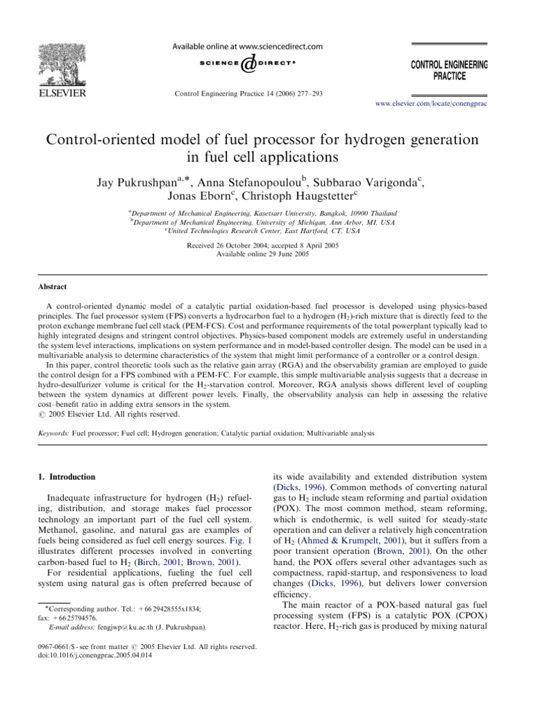 Control-Oriented Model of Fuel Processor For Hydrogen Generation in Fuel Cell Applications | PDF ...