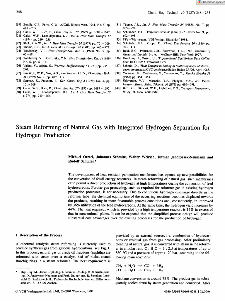 Steam Reforming of Natural Gas With Intergrated Hydrogen Separation for Hydrogen Production ...