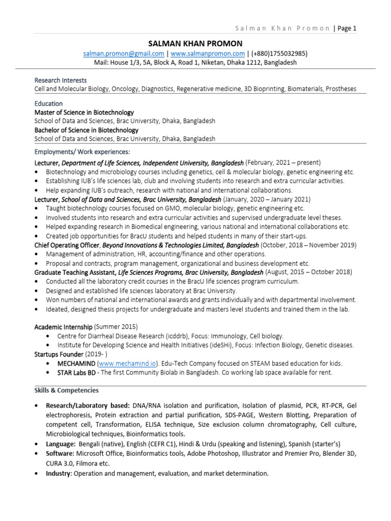 CV Salman Khan Promon | PDF | Biotechnology | Gel Electrophoresis