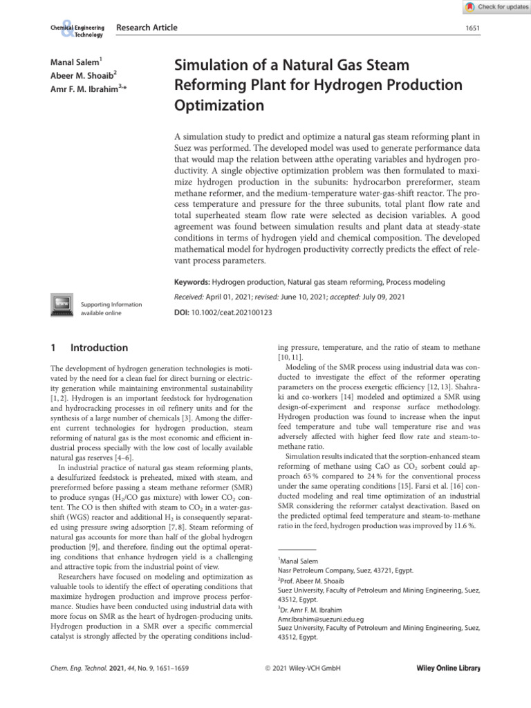 Simulation of A Natural Gas Steam Reforming Plant For Hydrogen Production Optimization | PDF ...