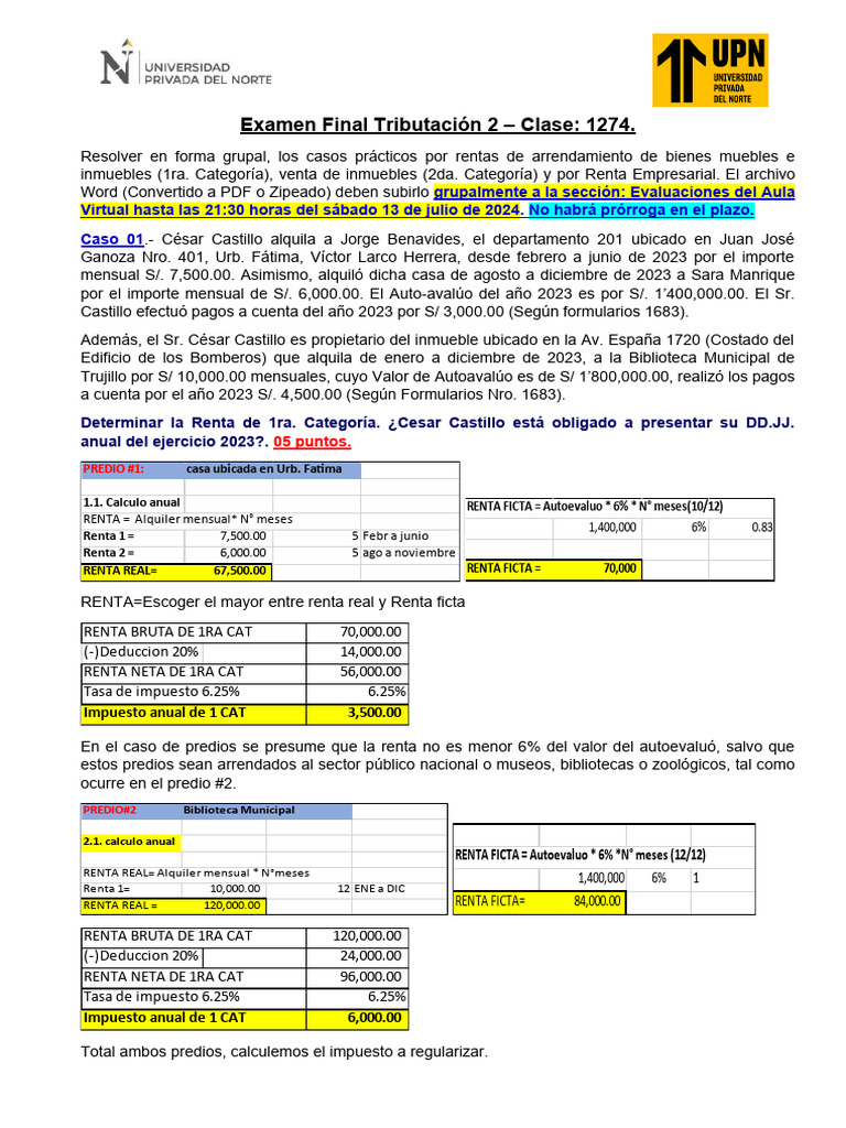 Examen Final - Tributación 2 - Clase 1274 - 13-07-2024 | PDF | Comunidad andina | Depreciación