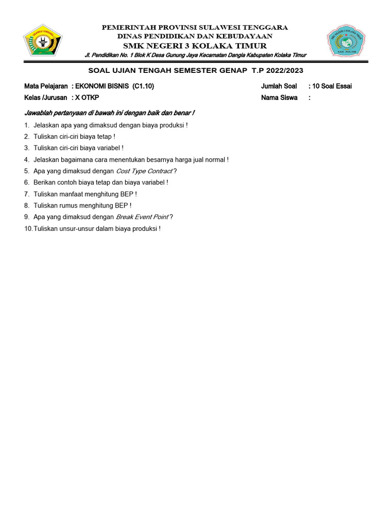 Soal UTS Ekonomi Bisnis Kelas X OTKP | PDF