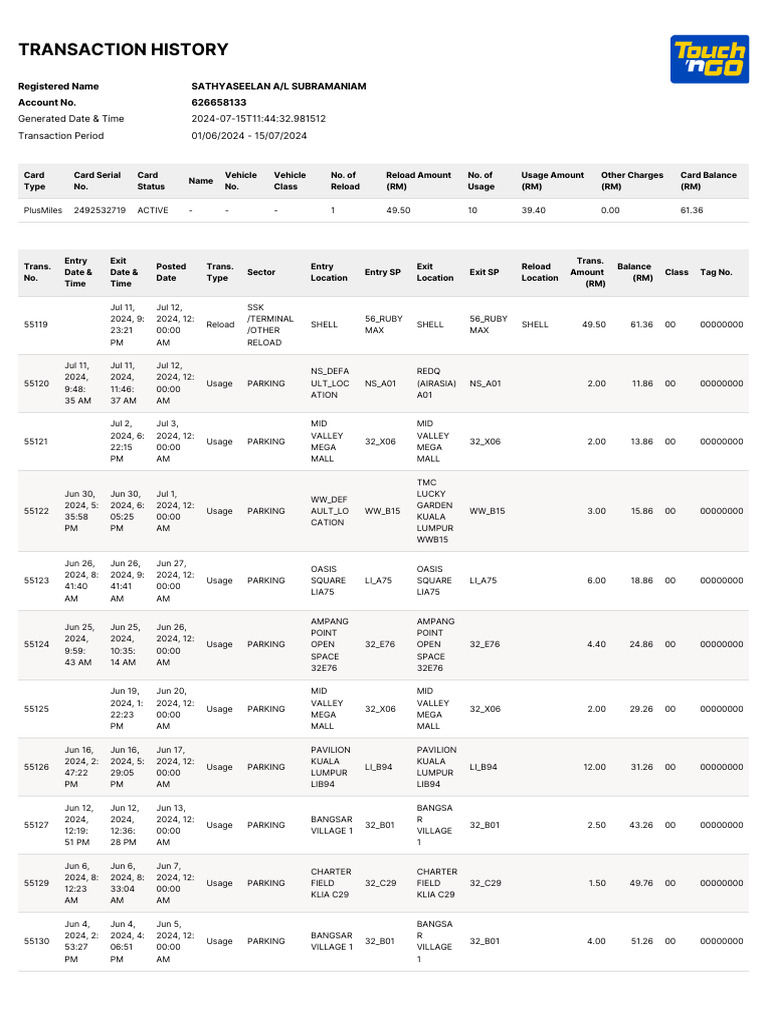 Transaction History - 2492532719 (DRIVER SASI - 01.06.24 - 15.07.24) | PDF