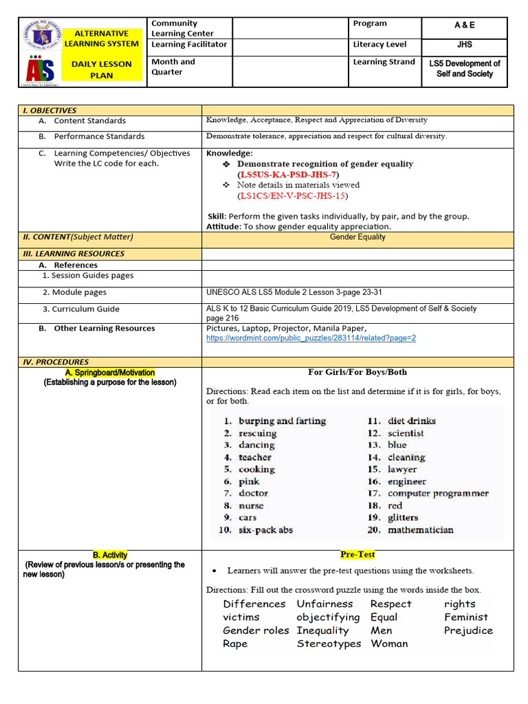 DLL LS5 SISON Gender Equality | PDF | Gender | Gender Studies