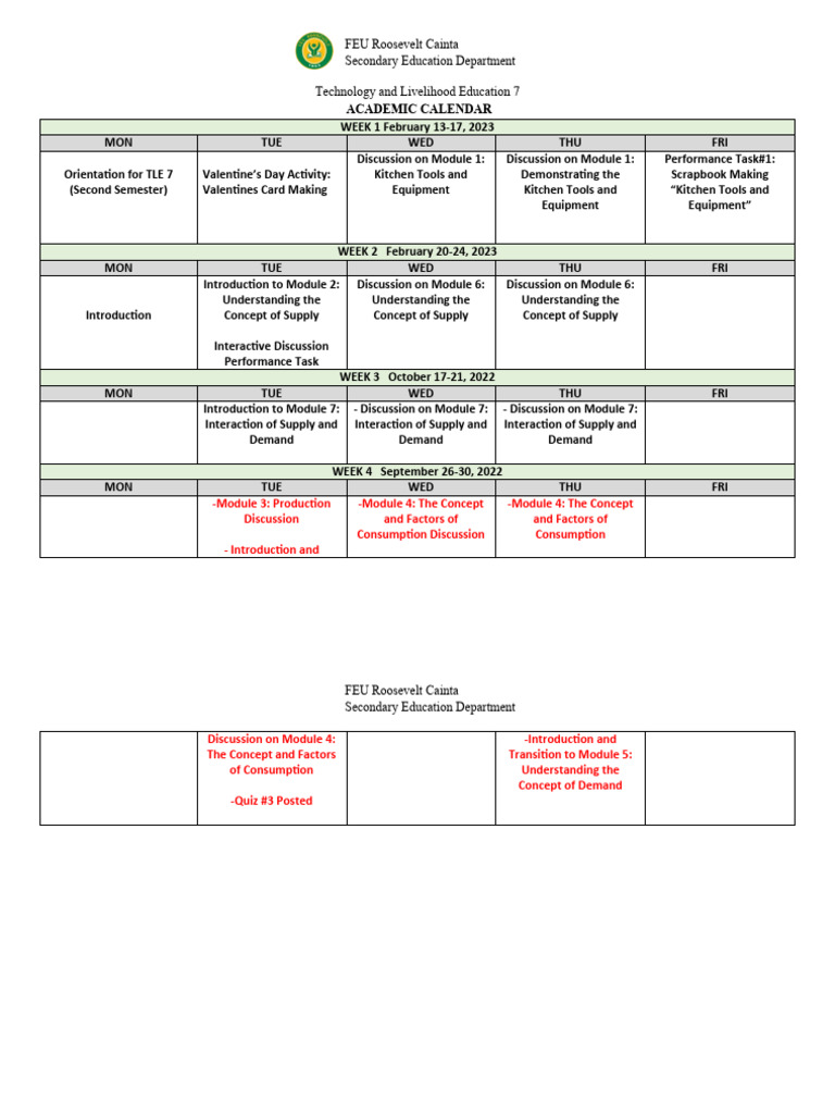 TLE 7 Academic Calendar Overview | PDF