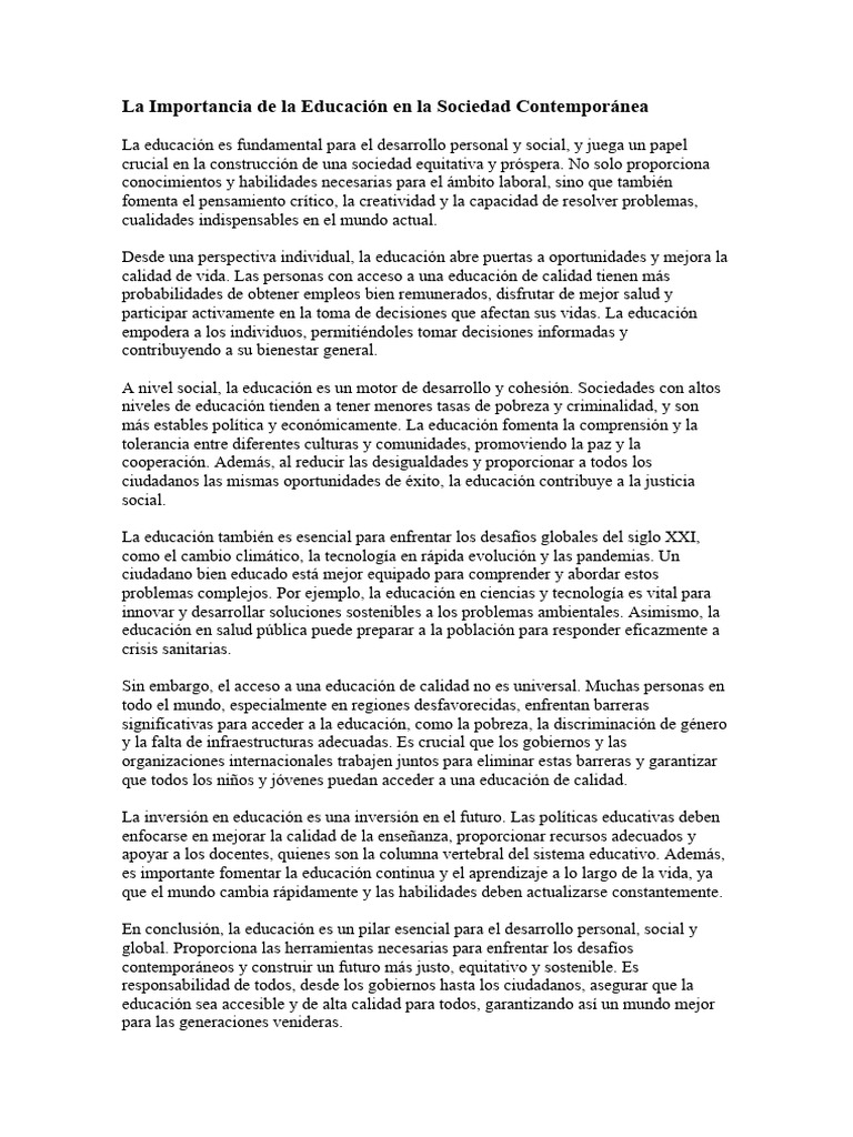 La Importancia de La Educación en La Sociedad Contemporánea | PDF ...