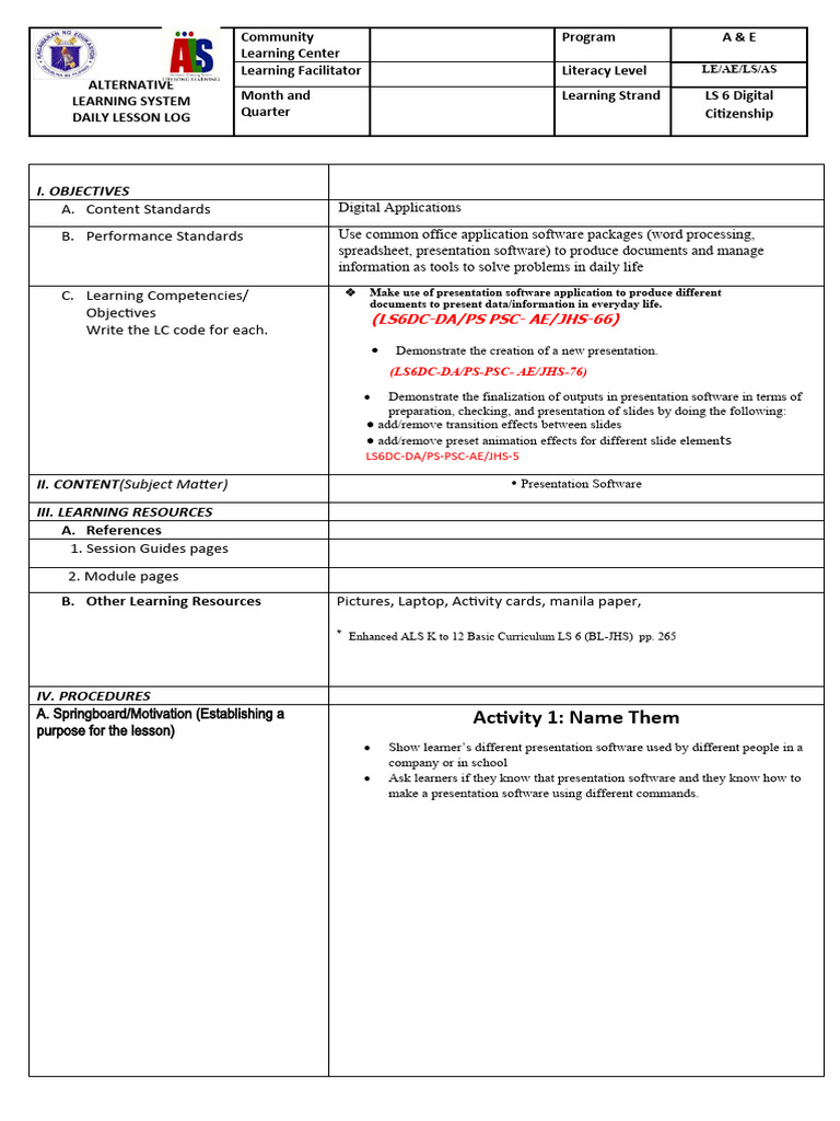 DLL - LS 6 - Presentation-Software - JHS | PDF | Learning | Microsoft ...