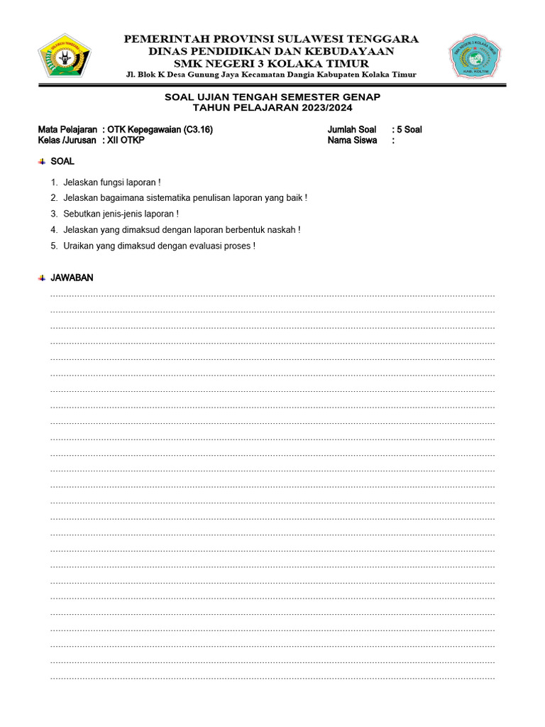 Soal Mid Semester Otk Kepegawaian Xii Otkp | PDF